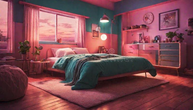 A Retro-inspired Bedroom with Neon Lights Evoking a Nostalgic Stock ...