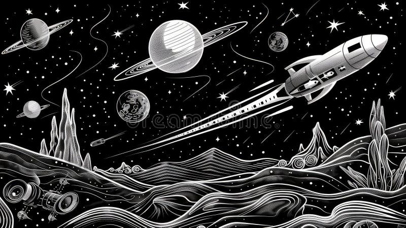 Retro-inspired Black and White Illustration Featuring a Space Rocket ...