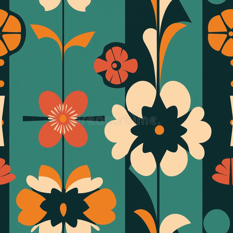 Retro-Inspired Butterfly and Floral Pattern with Bold Colors Stock ...