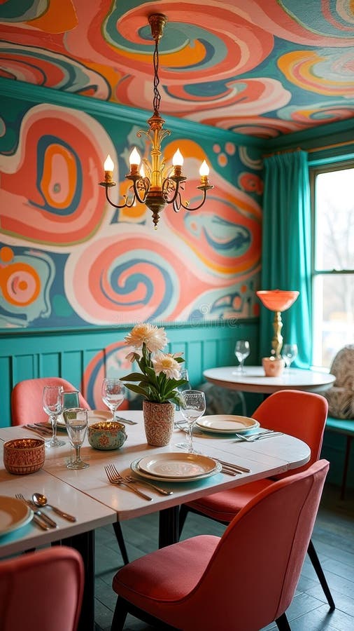 Retro-inspired Dining Room with Colorful Swirl Pattern Walls and ...