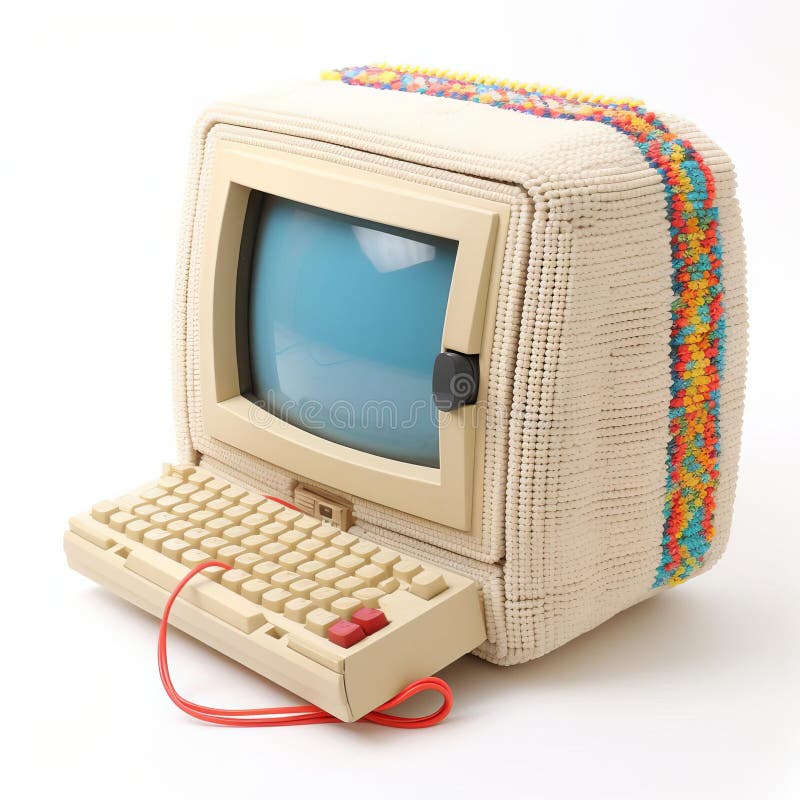 Retro-inspired Knitted Computer with Vibrant Rainbow Pattern Design ...