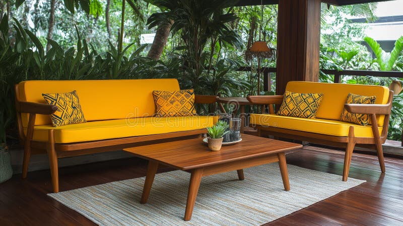 Retro-inspired Mid-century Modern Lounge with Bold Yellow Seating and ...