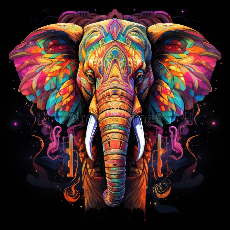 A Retro-inspired Neon Elephant, Adorned with Psychedelic Patterns and ...