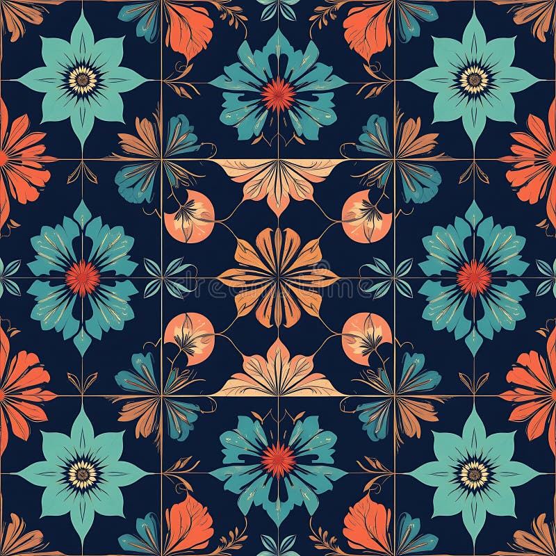 A Retro-inspired Seamless Grid Pattern with Geometric and Floral ...