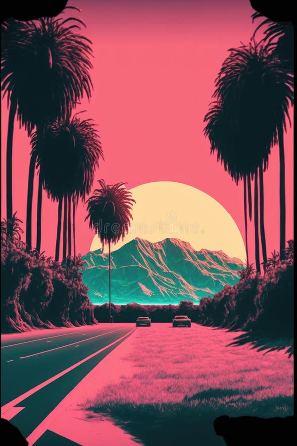 A Retro-inspired Sunset Scene with Palm Trees, a Road, and a Large ...
