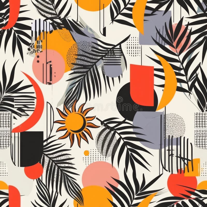 Retro-Inspired Tropical Leaf and Shape Pattern. Seamless Pattern with a ...