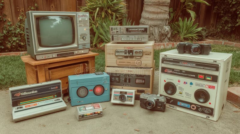 Retro Items Displayed at a Garage Sale Featuring Vintage Technology and ...