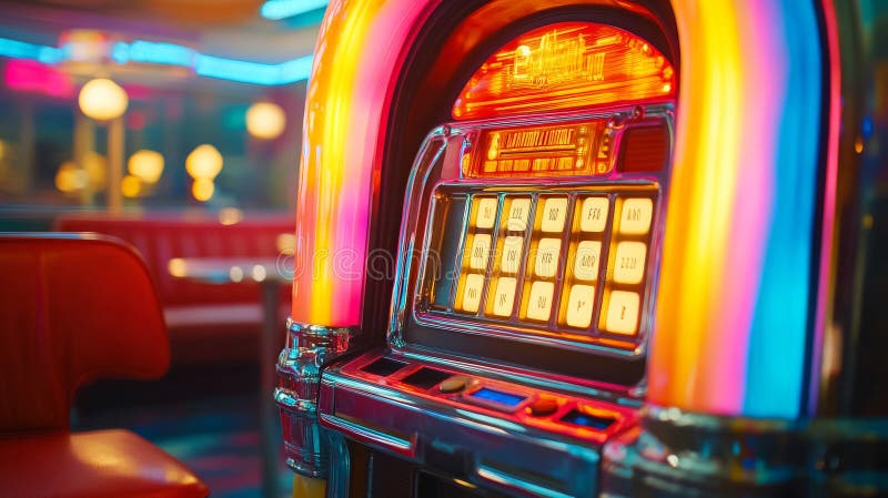 Retro Jukebox in Colorful Vintage Diner Setting with Neon Lights Stock ...