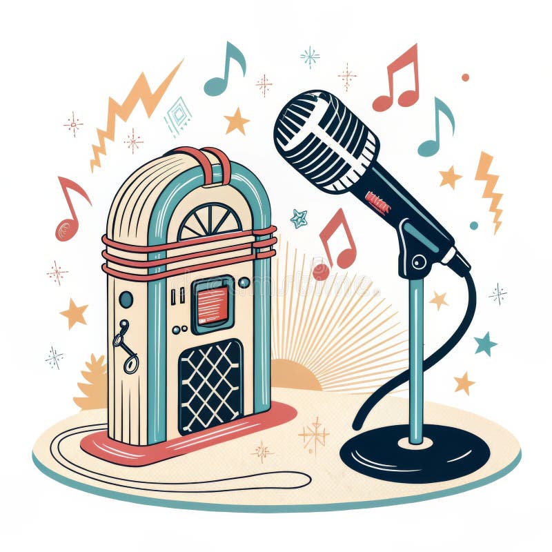 Retro Jukebox and Microphone Illustration Flat Design, Vintage Music ...