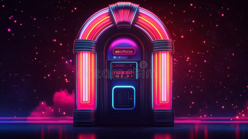Retro Jukebox with Neon Lights in a Dark Setting Stock Illustration ...