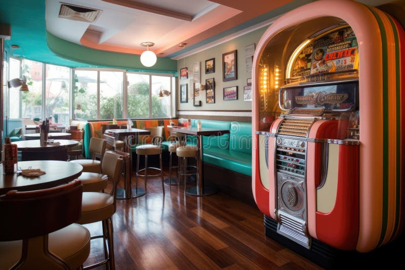 Retro Jukebox in a 1950s-inspired Diner Setting Stock Illustration ...