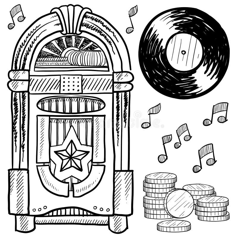 Retro Jukebox and Vinyl LP Sketch Stock Vector - Illustration of ...