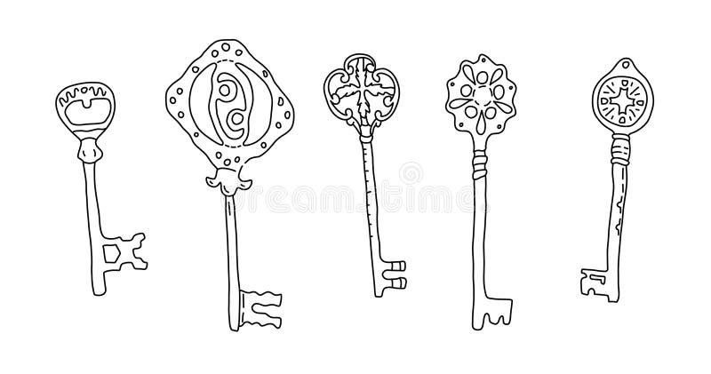 Retro Key Doodle Collection. Set of Different Hand Drawn Old Keys ...
