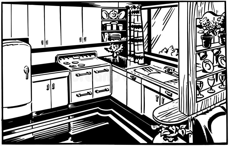 Retro Kitchen stock vector. Illustration of dishes, cupboards - 42095311