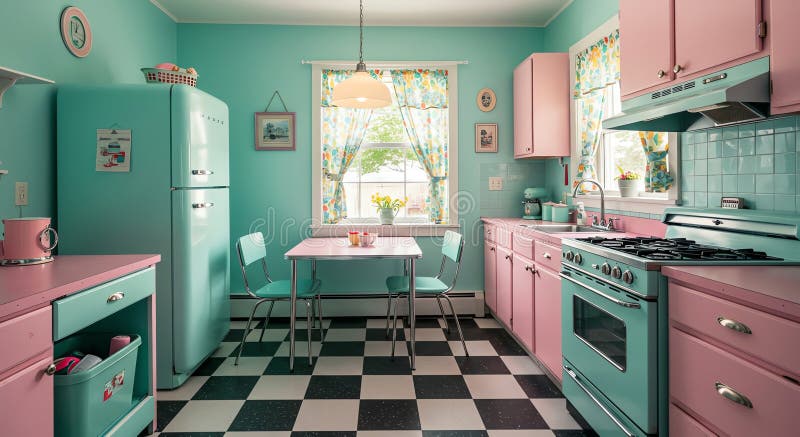 Retro Kitchen Interior with Pastel Color Scheme Stock Illustration ...