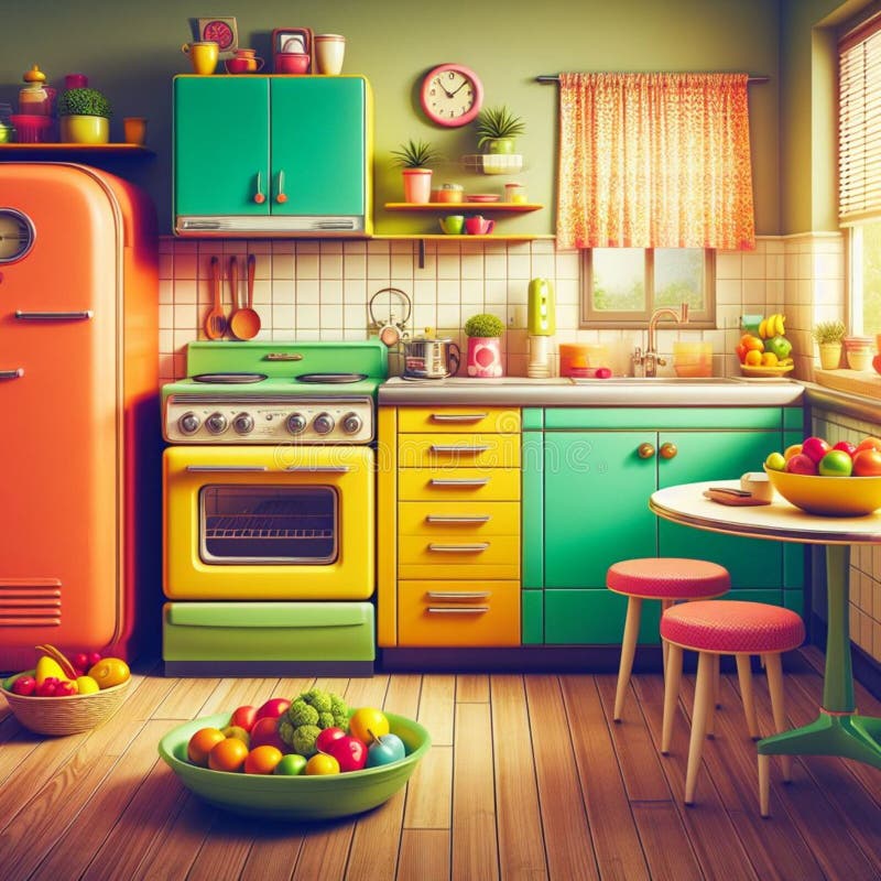 Retro Kitchen Scene - Brightly Colored 1970s Kitchen with Vintage ...