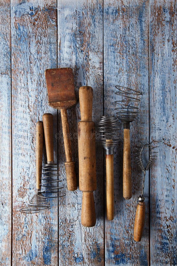 Retro Kitchen Utensils on Old Wooden Table Stock Image - Image of ...