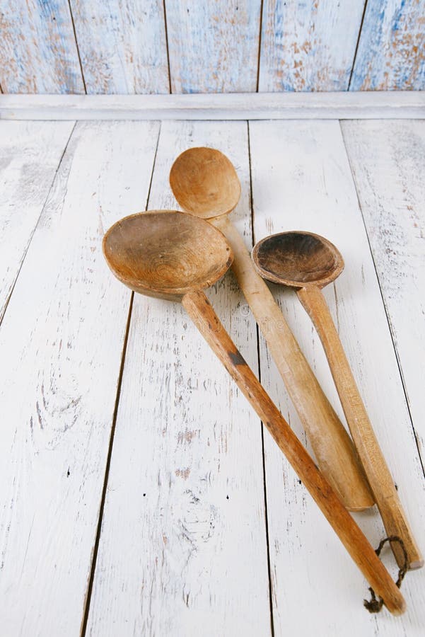 Retro Kitchen Utensils Wood Spoon on Old Wooden Table in Rustic Stock ...