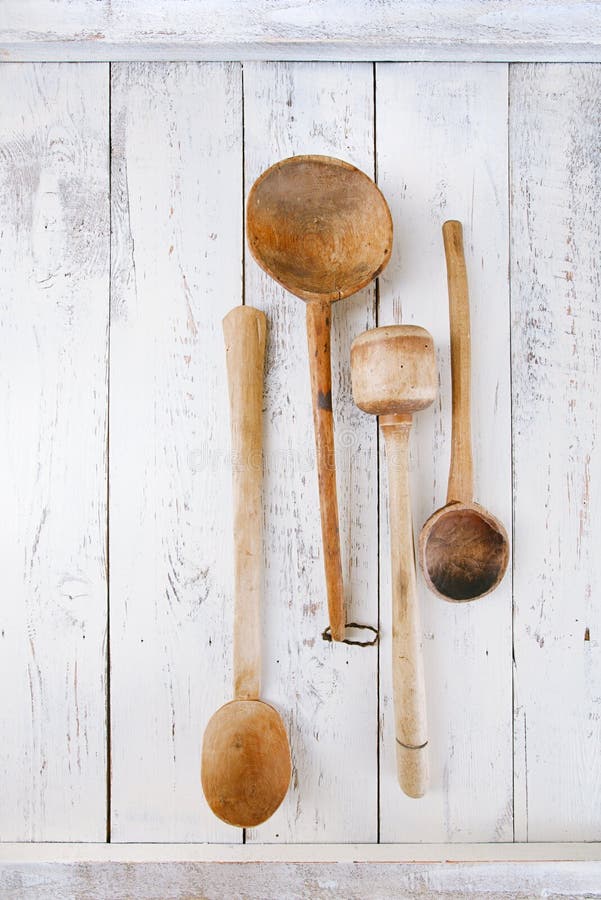 Retro Kitchen Utensils Wood Spoon on Old Wooden Table in Rustic Stock ...