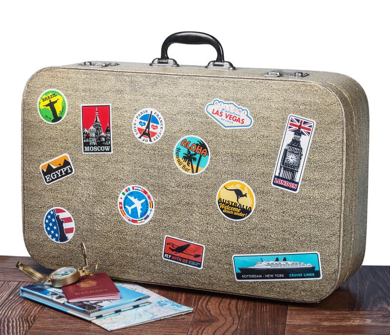 Retro Koffer Met Stikkers Op De Vloer Stock Foto - Image of plezier ...