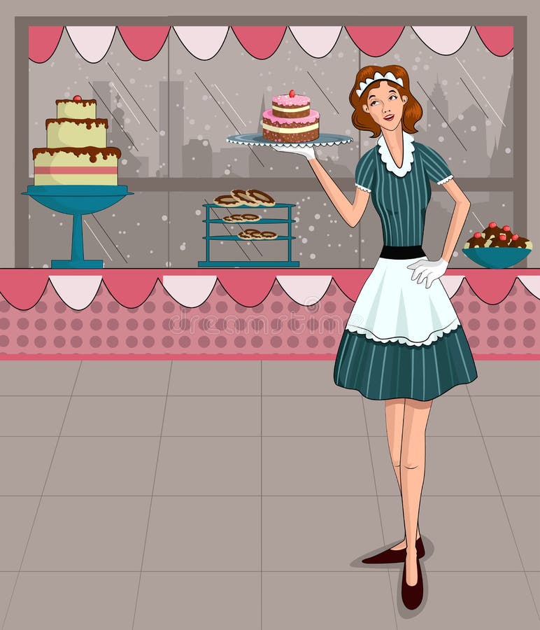 Retro lady in bakery shop stock vector. Illustration of housewife ...