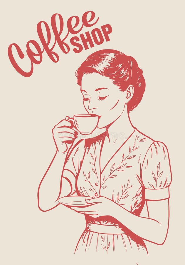 Retro Lady Drinking a Cup of Coffee or Tea. Coffee or Tea Shop Label ...