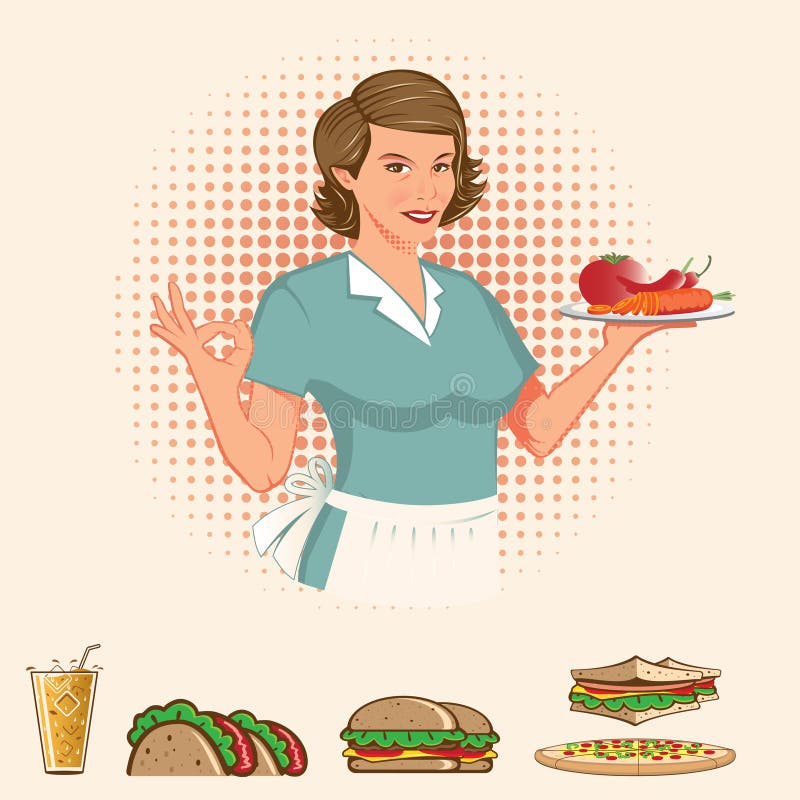 Retro Lady with a Plate Full of Food Stock Vector - Illustration of ...