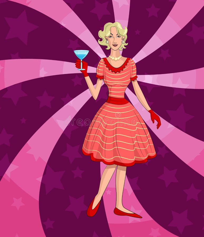 Retro lady with wine glass stock vector. Illustration of design - 40295325