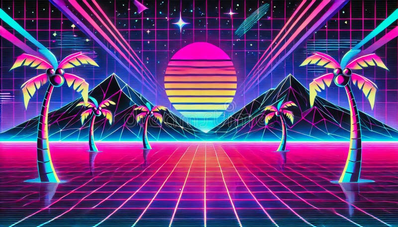 Retro Landscape Featuring Palm Trees and a Neon Sunset Stock ...