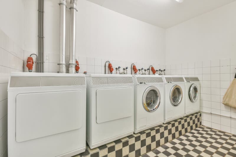 Retro Laundromat Interior with a Checkered Floor Stock Image - Image of ...