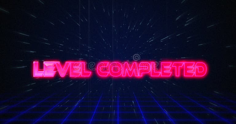 Retro Level Completed Text Glitching Over Blue and Red Squares on White ...