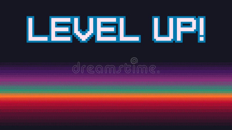 Retro Level Up Pixel Art Text with Vibrant Colors Gradient on Dark ...