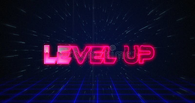 Retro Level Up Text Glitching Over Blue and Red Squares on White ...