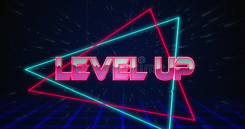 Retro Level Up Text Glitching Over Blue and Red Triangles on White ...