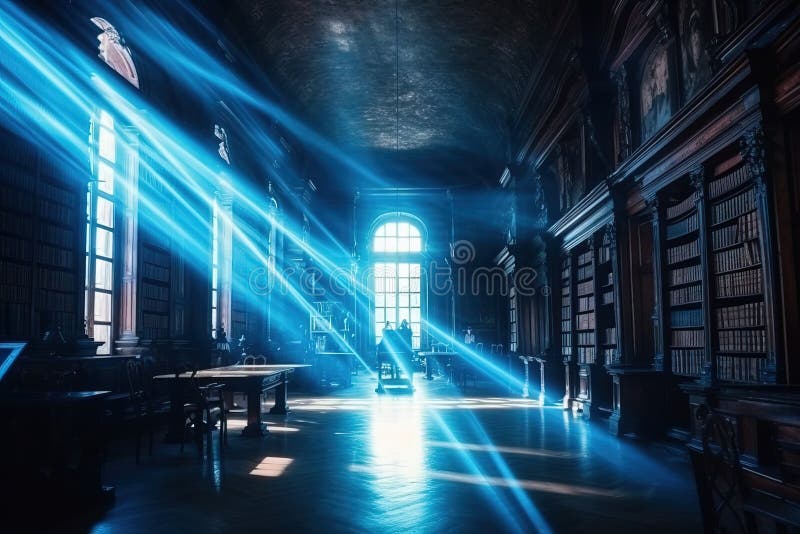 Retro Library Interior with Blue Rays of Day Light from Window Stock ...