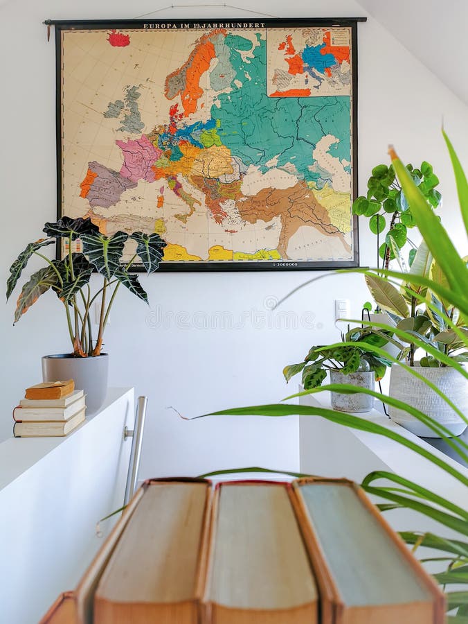 Retro Library Interior with Old Books, Vintage Poster and Multiple ...