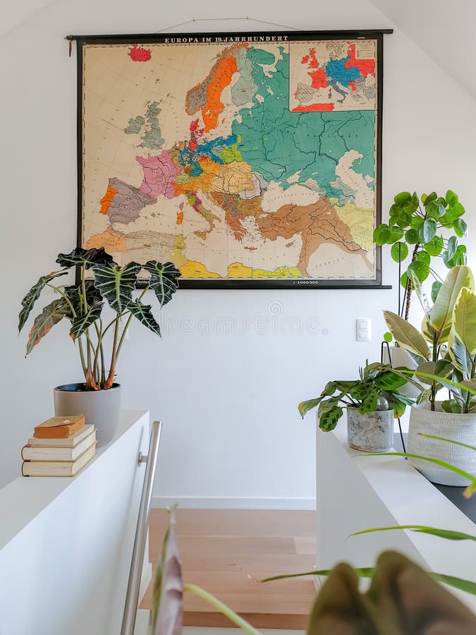 Retro Library Interior with Plants and Large Vintage Poster Stock Image ...