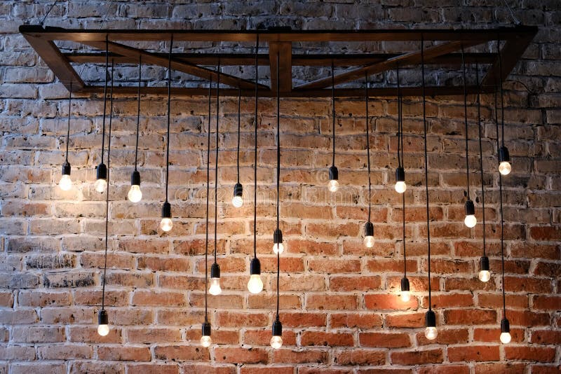 Old Red Brick Wall with Bulb Lights Lamp Stock Photo - Image of ...