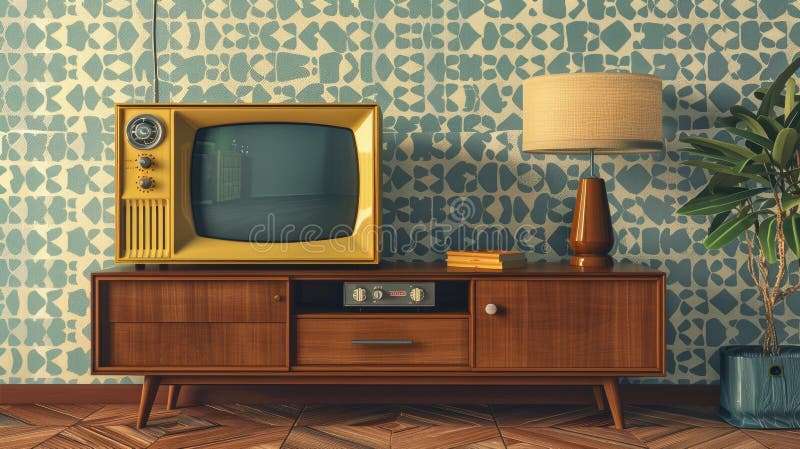 Retro Living Room Setup with Vintage TV Stock Illustration ...