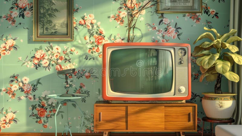 Retro Living Room Setup with Vintage TV Stock Illustration ...