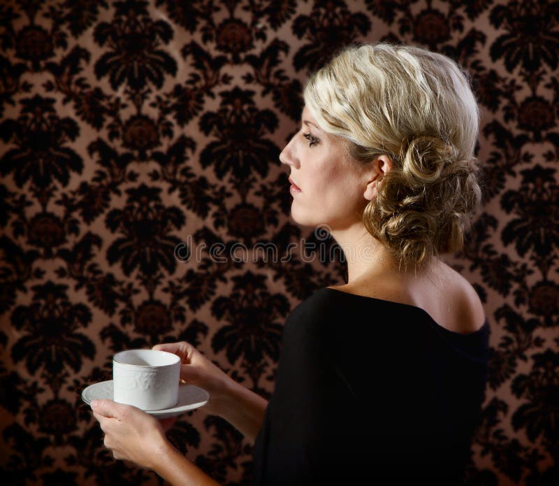 Retro Looking Woman Drinking Tea or Coffee Stock Image - Image of ...
