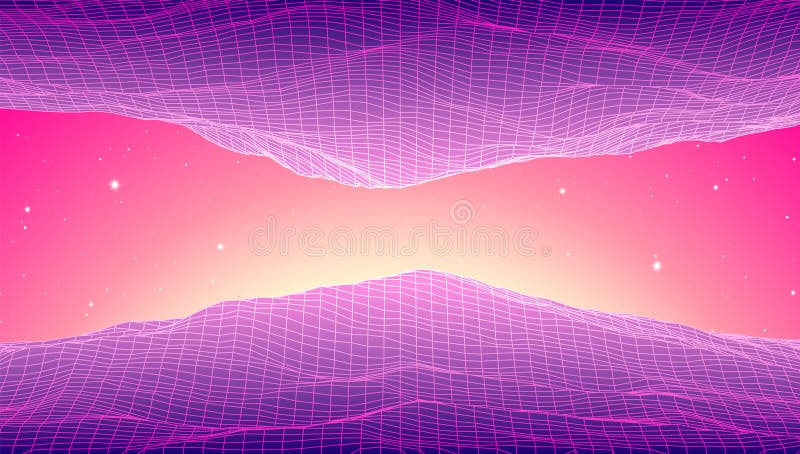 Retro Low Poly Grid Landscape with Polygonal Mountain, Palm Trees ...