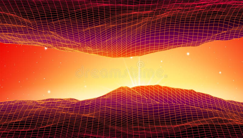 Retro Low Poly Grid Landscape with Polygonal Mountain, Palm Trees ...