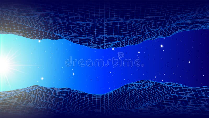 Retro Low Poly Grid Landscape with Polygonal Mountain, Palm Trees ...