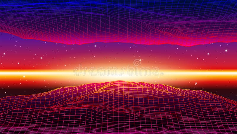 Retro Low Poly Grid Landscape with Polygonal Mountain, Palm Trees ...