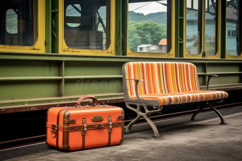 Retro Luggage Set on Vintage Train Station Bench Stock Illustration ...