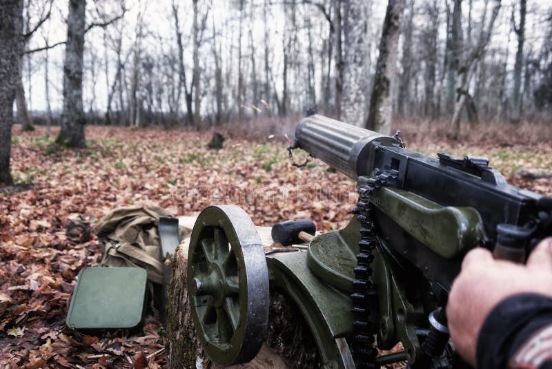 Retro machine gun stock image. Image of wood, trees - 137110793