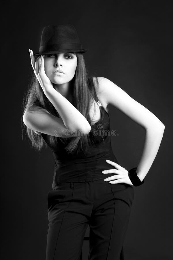 Mafia Girl in a Black Dress with a Hat Stock Image - Image of retro ...