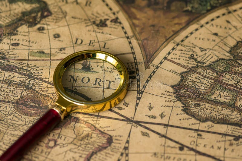 Retro Magnifier with Old Map Stock Photo - Image of journey, bygone ...