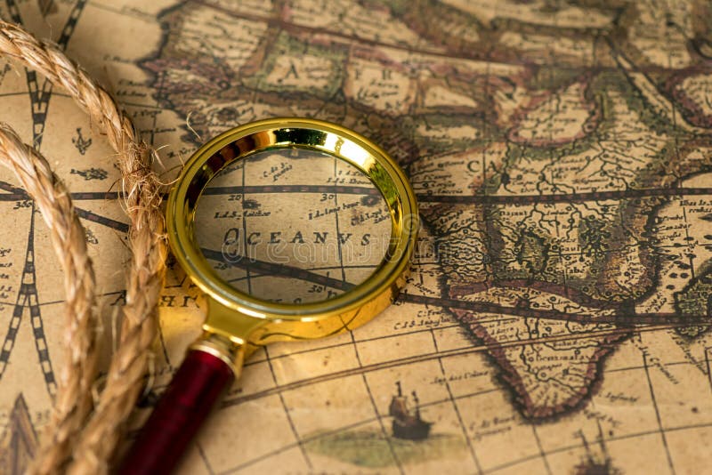 Retro Magnifier with Old Map Stock Image - Image of lens, century ...